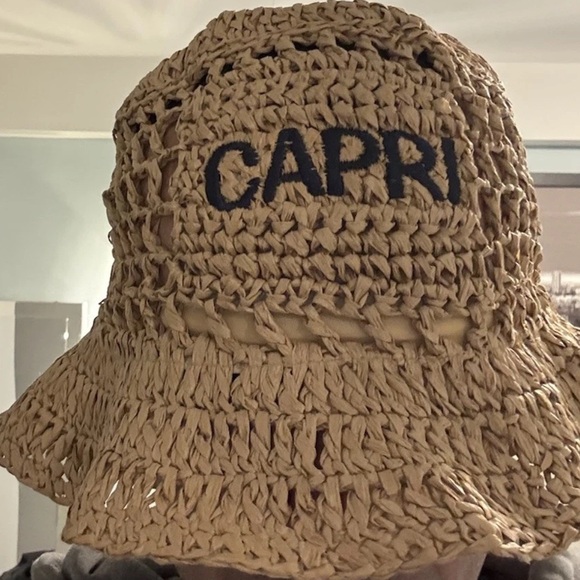 Accessories | Tan Woven Bucket Hat With Black Embroidery Capri | Poshmark